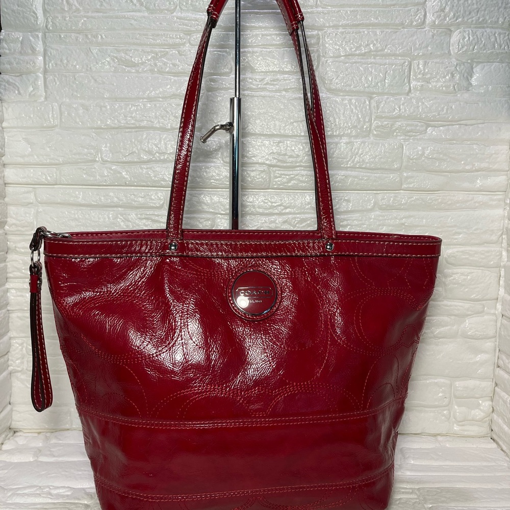 Coach Red Patent Leather Signature Small Tote - Gem